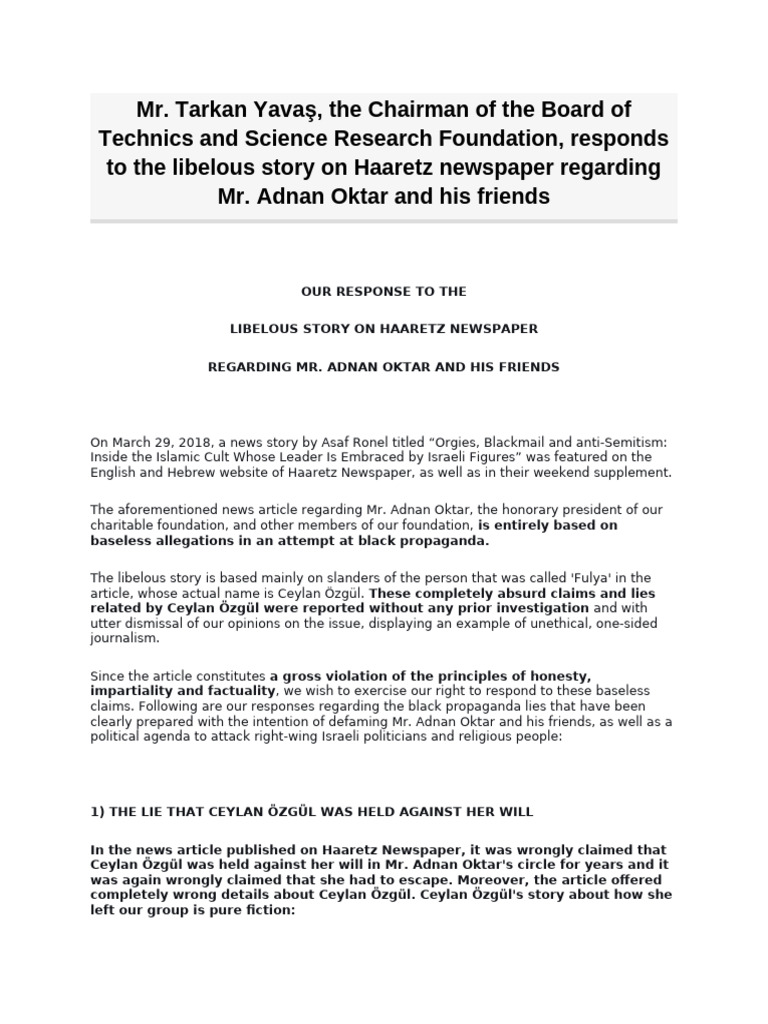 Technics and Science Research Foundation, Responds To The Libelous ...