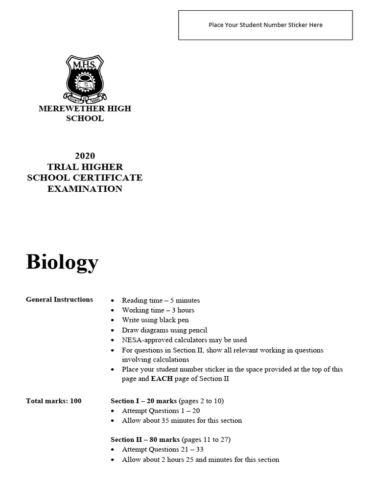 2020 Biology HSC Trial Examination | PDF | Dominance (Genetics ...