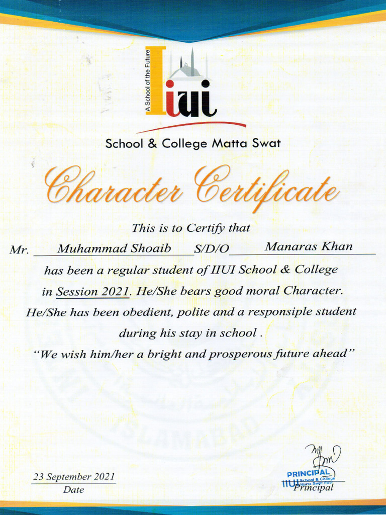 Character Certificate of Iiui | PDF
