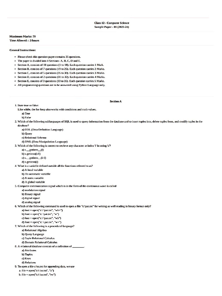 Computer Science Sample Paper 1 - 122340 | PDF