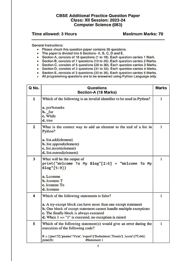 Computer Science Sample Paper 2 - 122318 | PDF