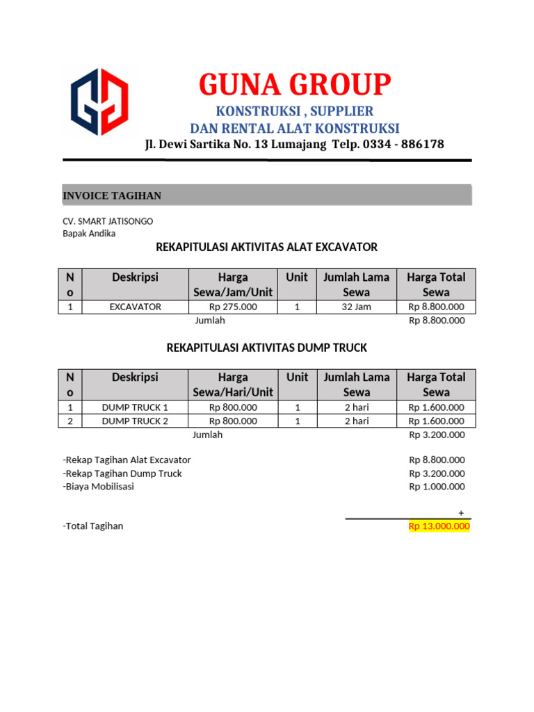 Invoice Sewa Alat Berat Guna Group | PDF