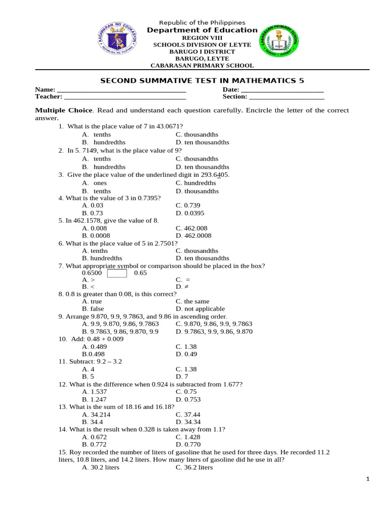 2nd-Quarter Math-Periodic-Test-Math 5 | PDF | Mathematics | Science