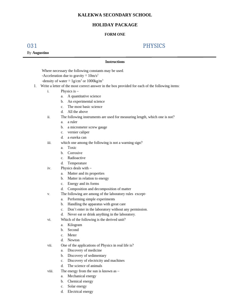 PHYSICS FORM ONE. | PDF | Weight | Force
