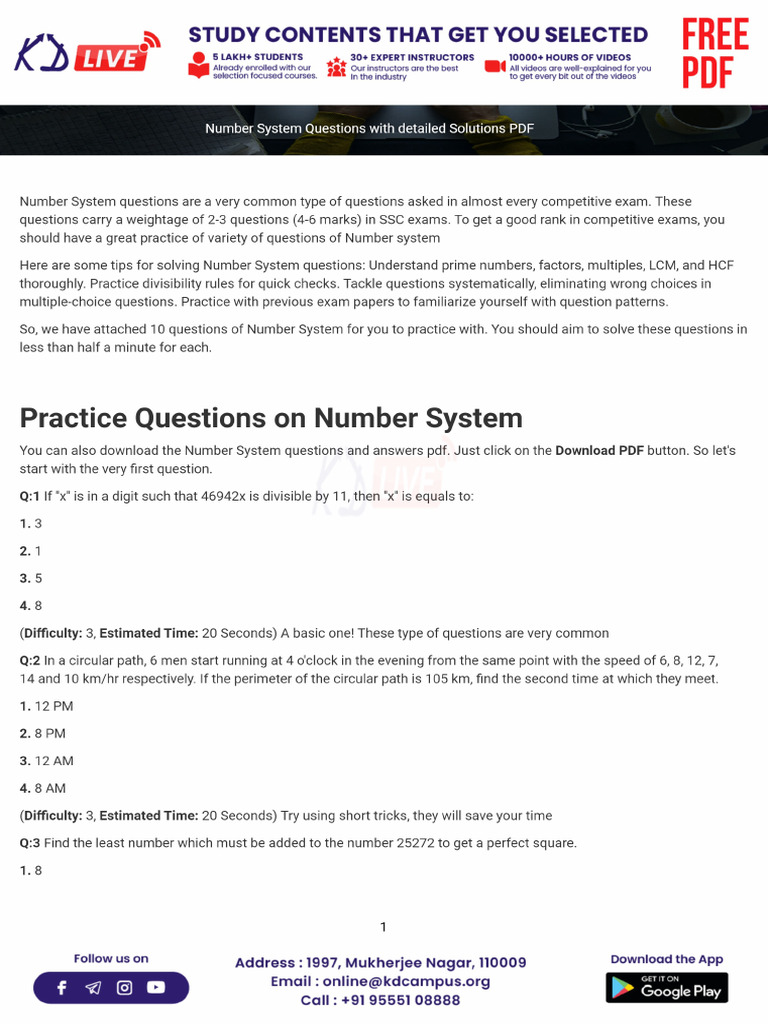 Tude Number System Questions With Detailed Solutions PDF | PDF