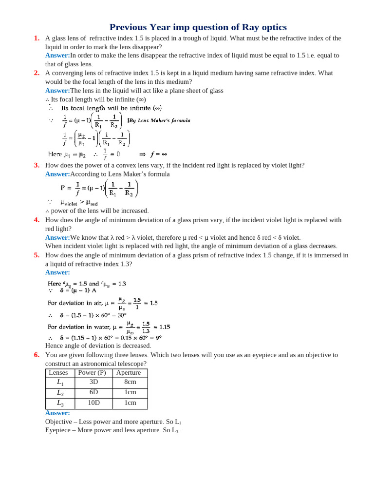 Key Ray Optics Questions and Answers | PDF | Refractive Index | Refraction