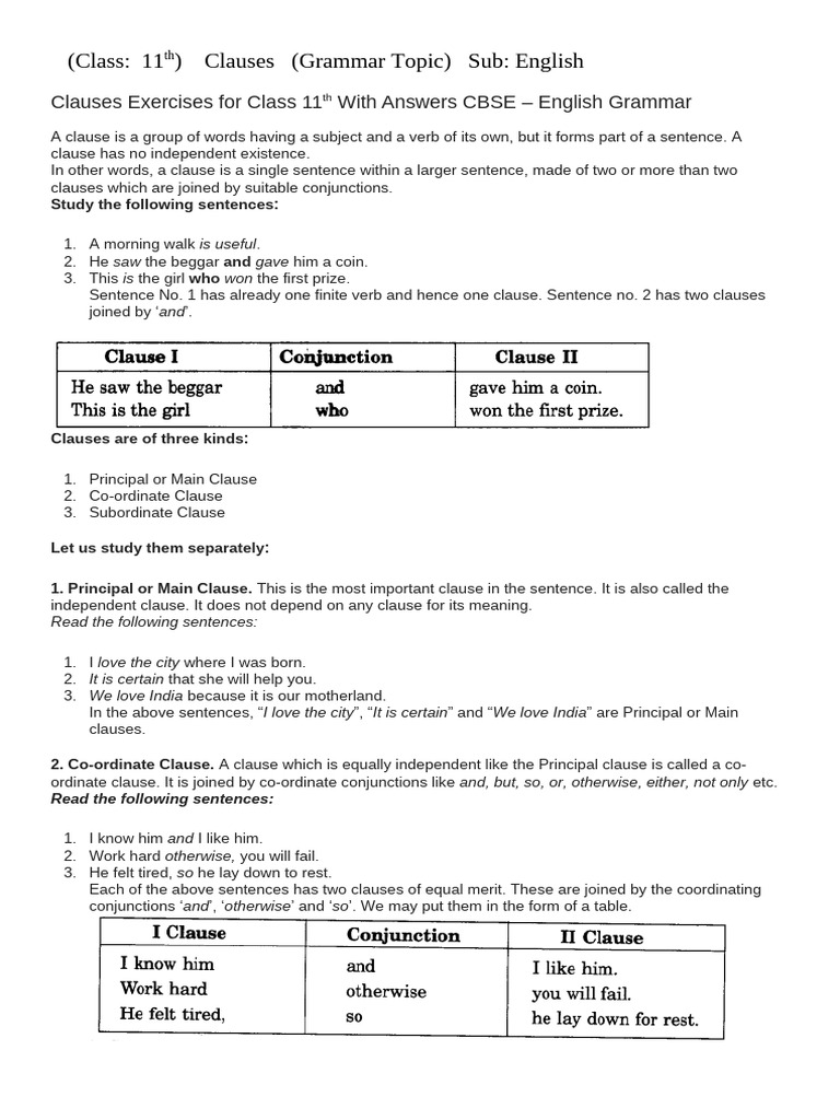 Clauses Grammar Topic (Class11) | PDF | Clause | Verb