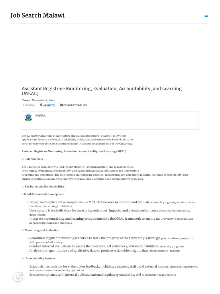 Assistant Registrar for MEAL at LUANAR | PDF | Evaluation | Accountability