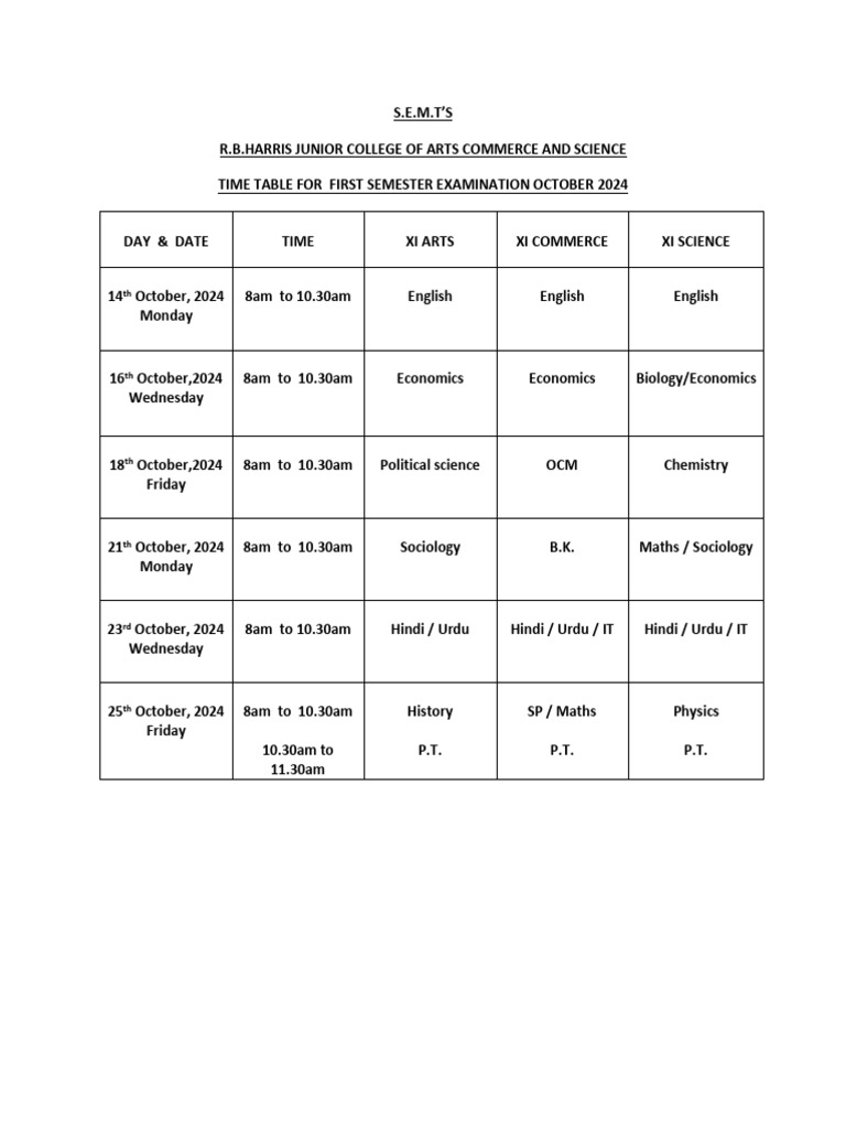 Time Table Sem 2024 Copy 2 | PDF