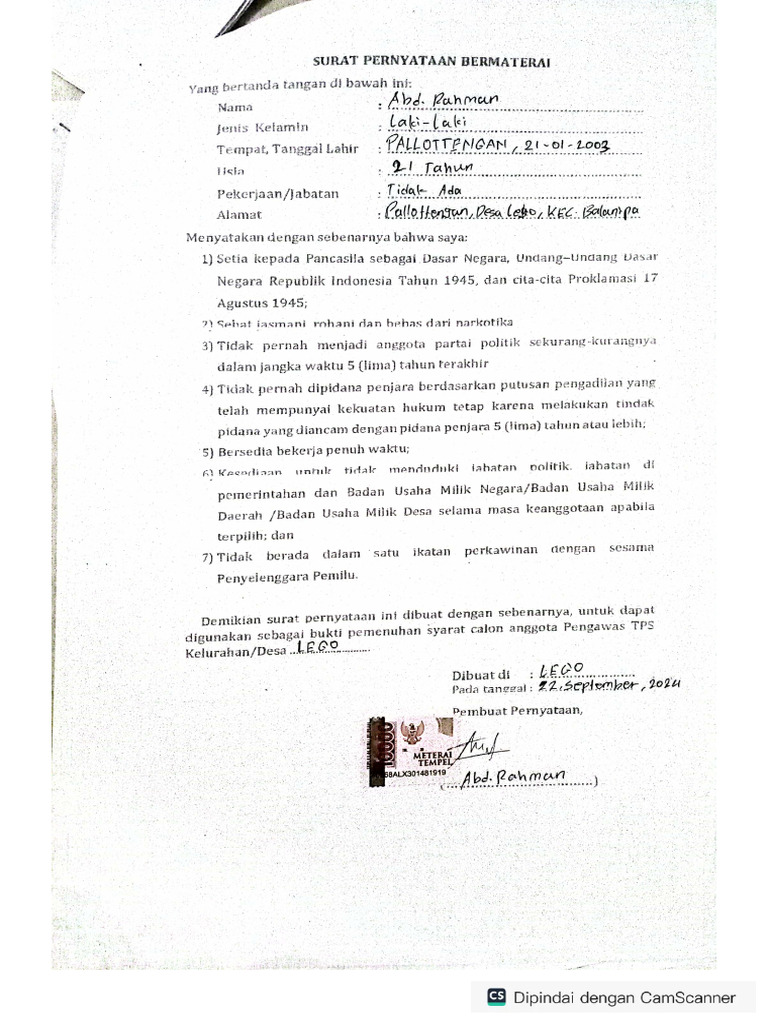 Surat Pernyataan Bermaterai | PDF