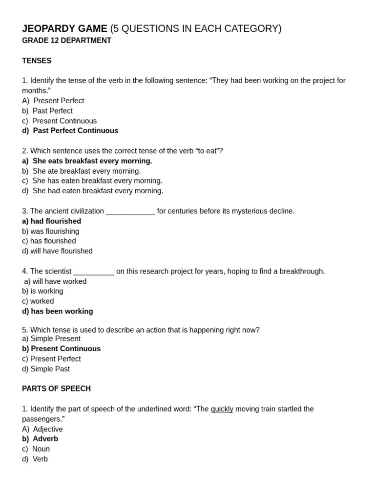 Grade 12 English Jeopardy Game Questions | PDF | Part Of Speech ...