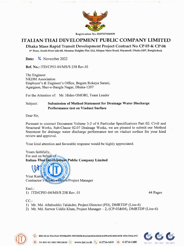 Method Statement For Drainage Water Discharge Performance Test On ...