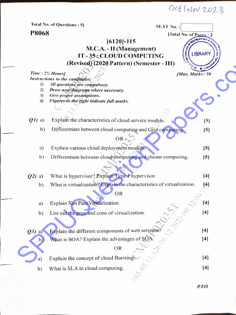 Postgraduate PG Master Computer Applications Mca Semester 3 2023 November Cloud Computing 2020 ...