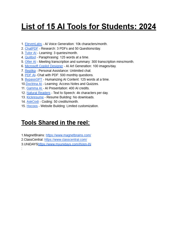 List of 15 AI Tools For Students - 2024 | PDF