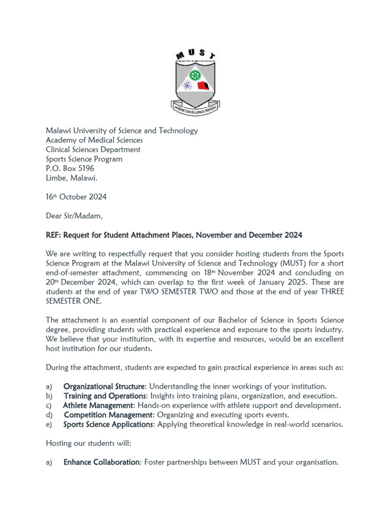 Request For Student Attachment Placing, November and December 2024 | PDF