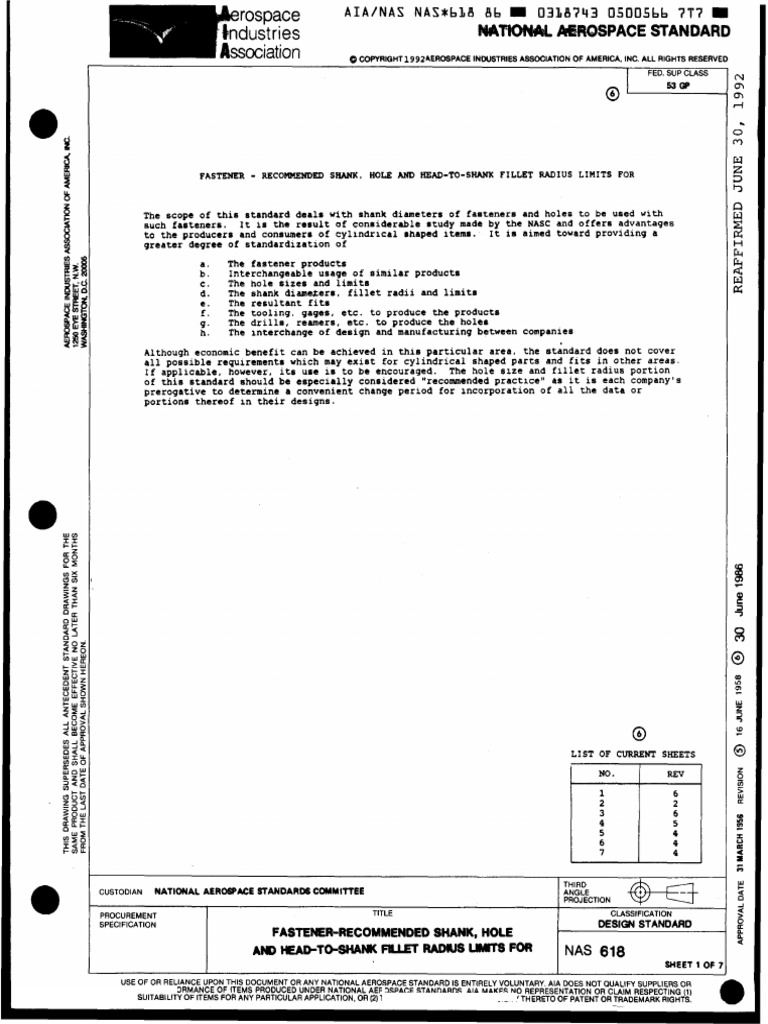 NAS 618 Fastener Standards Overview | PDF
