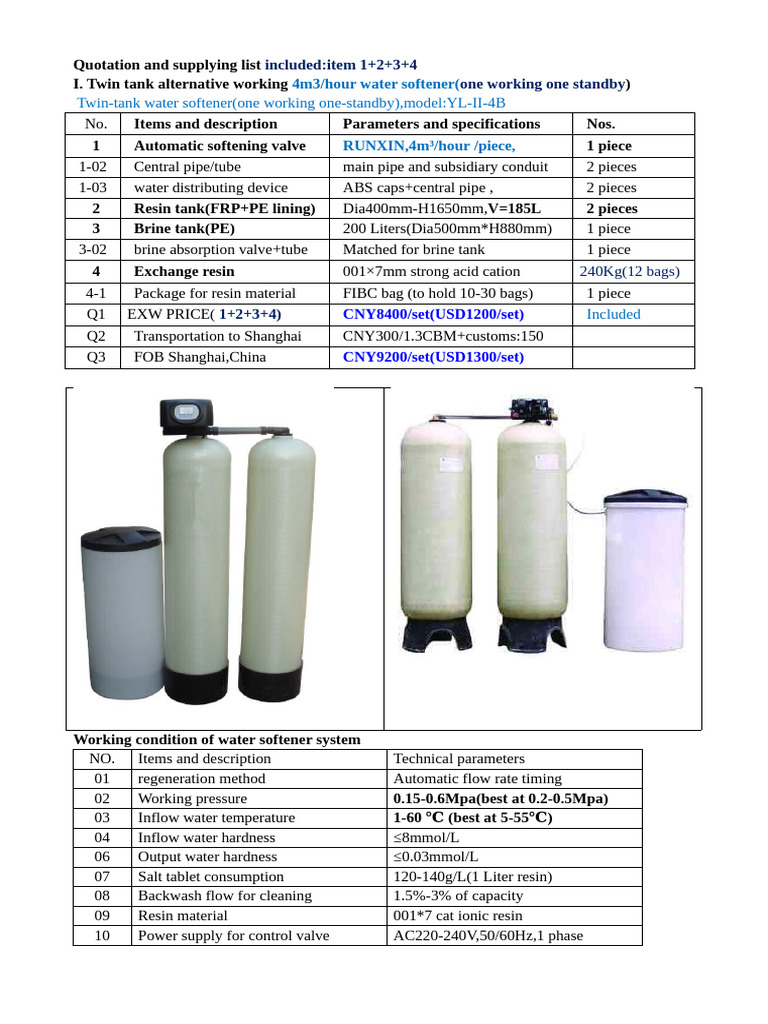 4000LPH Twin-Tank Automatic Water Softener-2024.10.06 | PDF | Water | Materials