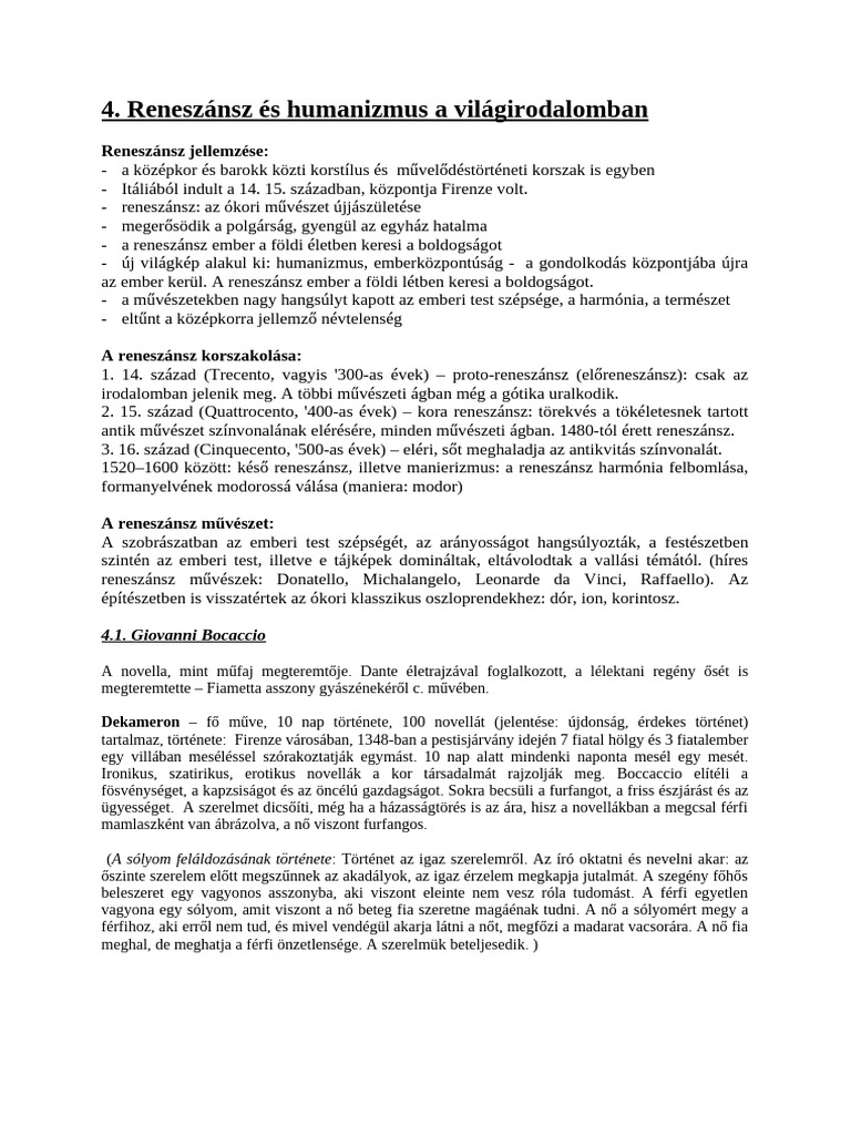 4 - A Reneszánsz És Humanizmus A Világirodalomban | PDF