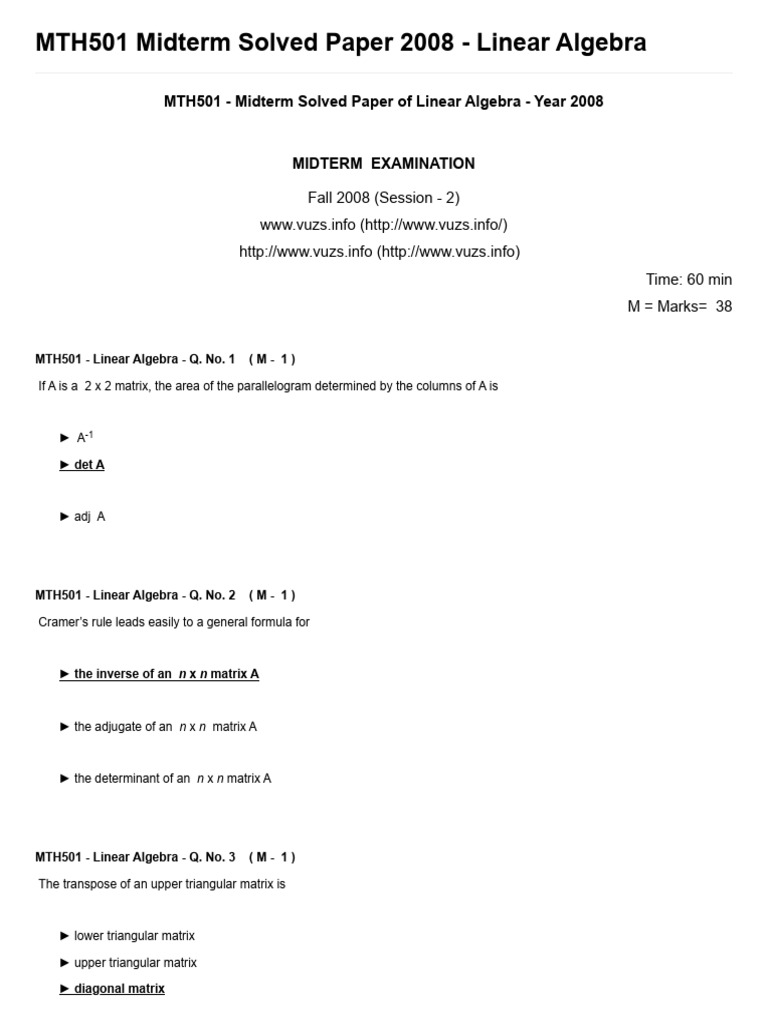 MTH501 Midterm Solved Paper 2008 - Linear Algebra | PDF | Matrix (Mathematics) | System Of ...