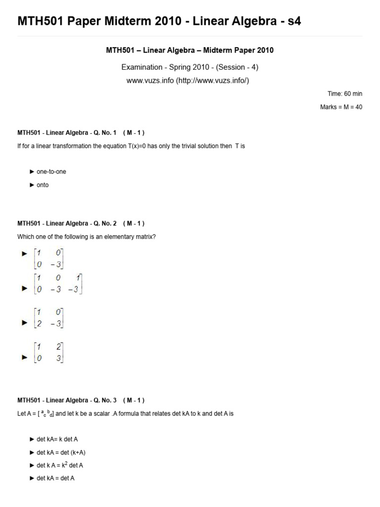 MTH501 Paper Midterm 2010 - Linear Algebra - s4 | PDF | Linear Algebra | Determinant