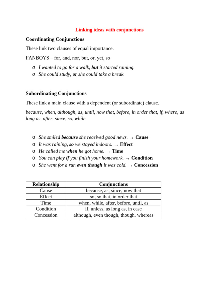 Linking Ideas With Conjunctions | PDF