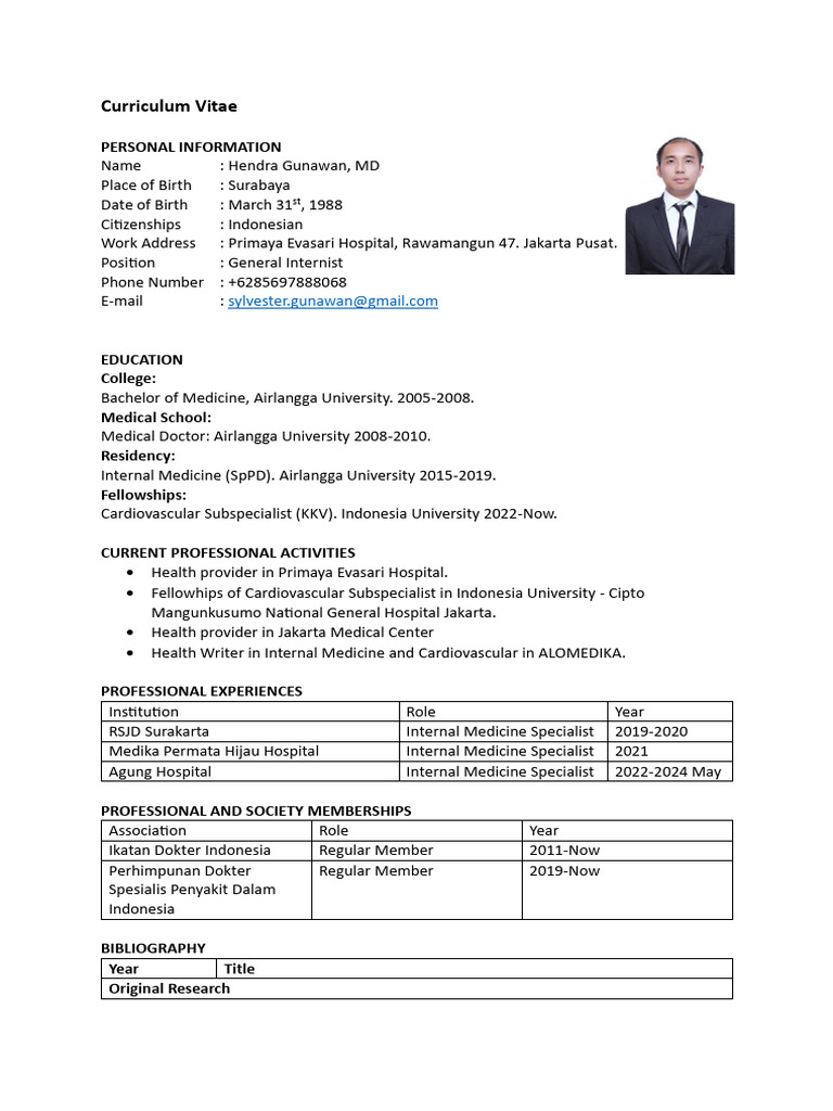 CV_dr. Hendra Gunawan, Sp.pd | PDF | Myocardial Infarction | Internal Medicine