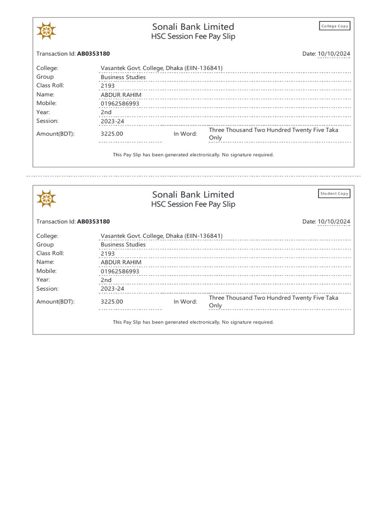 HSC Fee Slip Vasantek College 2024 | PDF