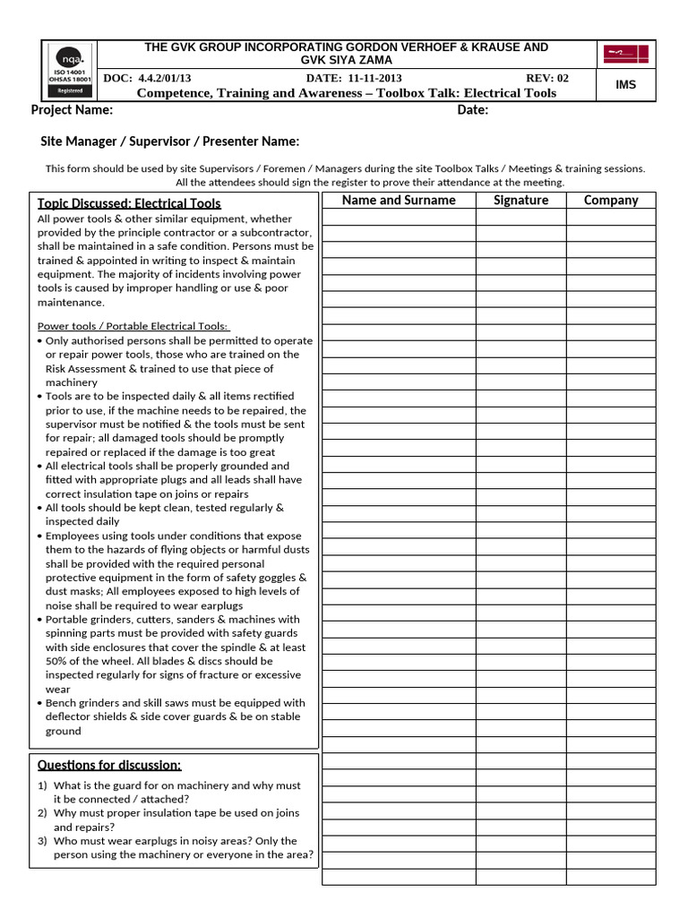 TBT - Electrical Tools | PDF | Occupational Safety And Health | Workplace TBT - Electrical Tools | PDF | Occupational Safety And Health | Workplace
