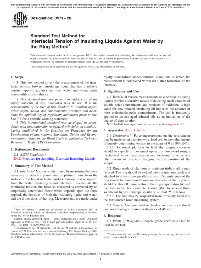 D971-20 | PDF | Surface Tension | Distillation