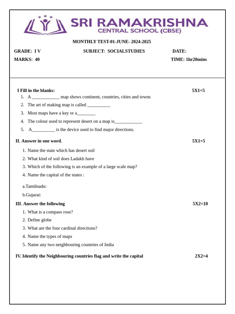 Grade IV Social Studies Monthly Test | PDF