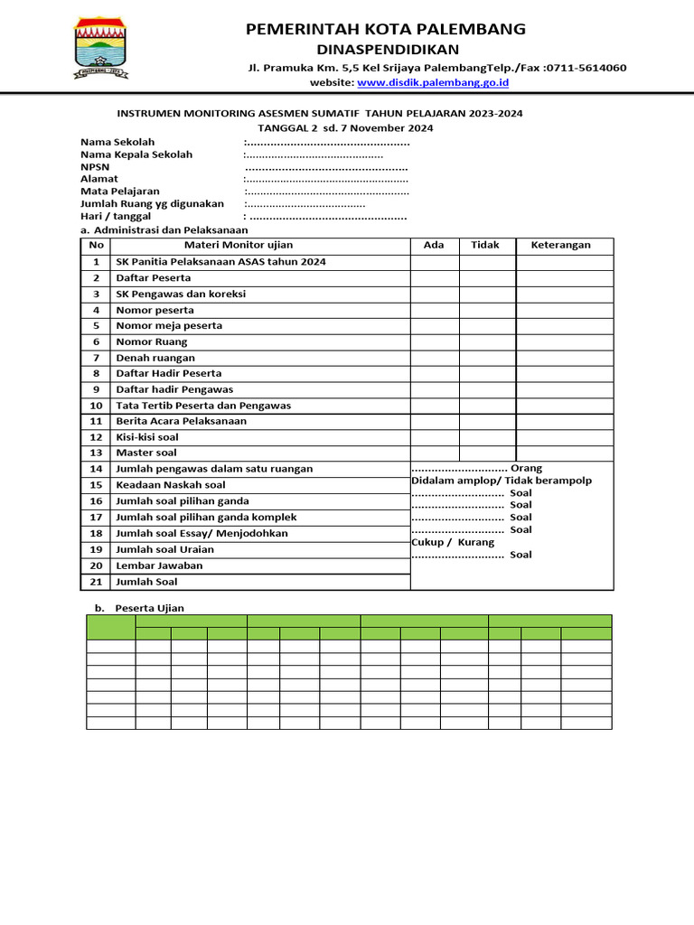 INSTRUMEN MONITOR UJIAN SEKOLAH 2024 NEW | PDF