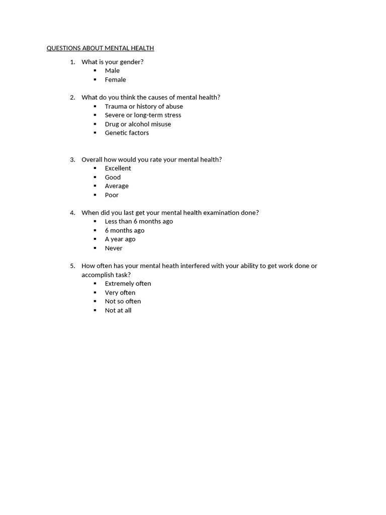 Mental Health Self-Assessment Survey | PDF