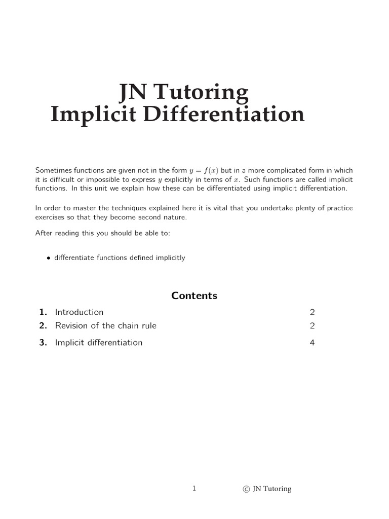Implicit Differentiation Handout | PDF | Function (Mathematics) | Derivative