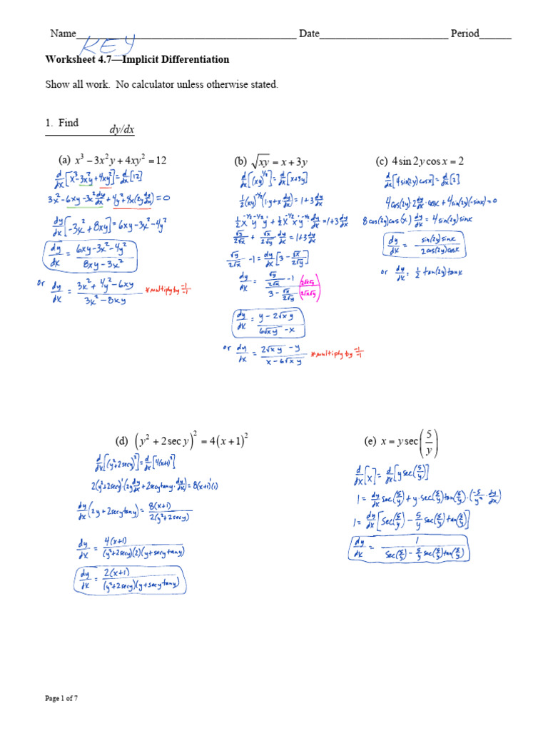Implicit Differentiation Worksheet | PDF | Tangent | Slope