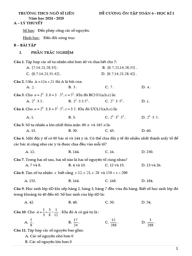 De Cuong Toan 6 Hoc Ki 1 Nam 2024 2025 Truong Thcs Ngo Si Lien Ha Noi | PDF