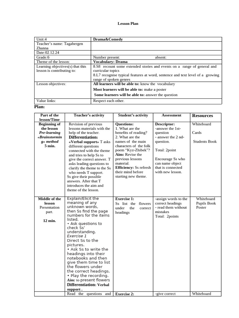Lesson PlanW4 | PDF | Lesson Plan | Vocabulary