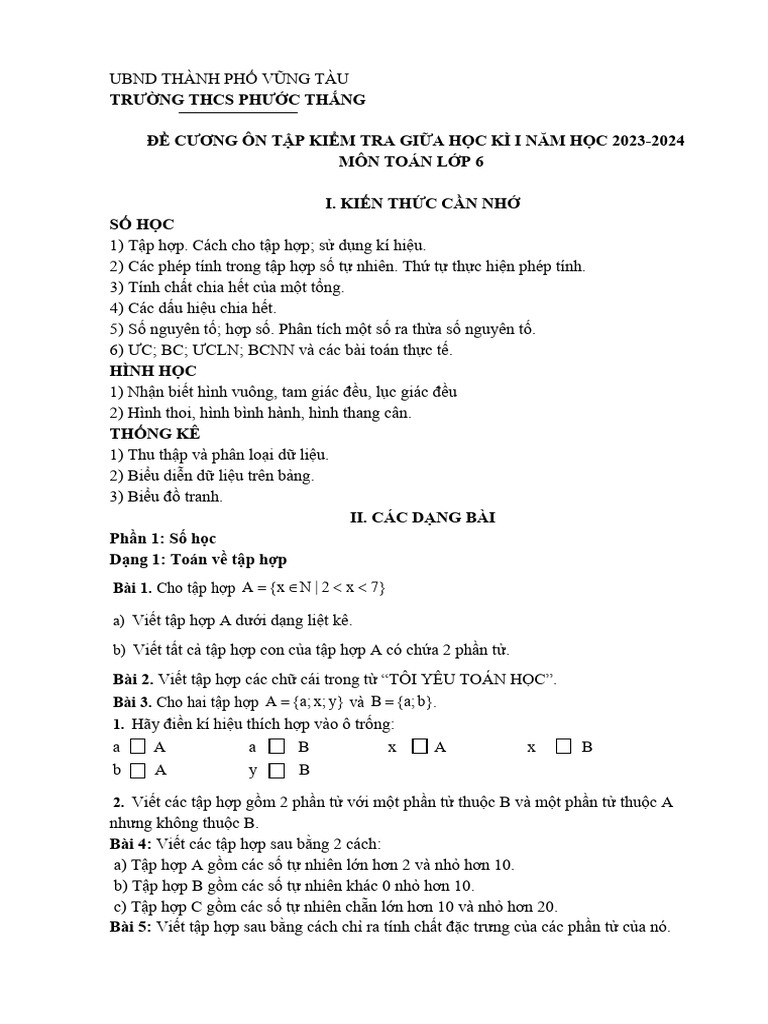De Cuong Giua Hoc Ki 1 hk1 Lop 6 Mon Toan Nam 2023 2024 Truong Thcs Phuoc Thang BR VT 6214 | PDF