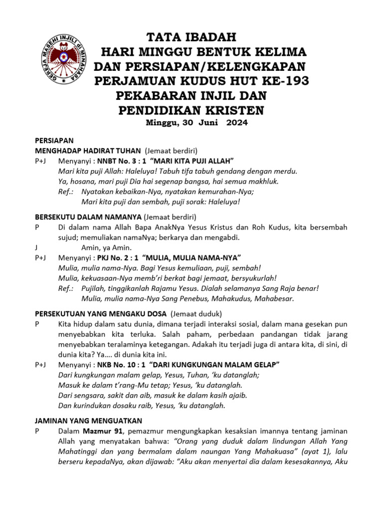 TATA IBADAH HARI MINGGU BENTUK V, MINGGU, 30 JUNI 2024 | PDF