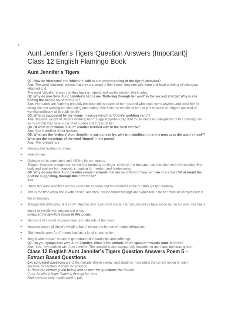 Aunt Jennifer's Tigers Class XII | PDF | Marriage | Poetry