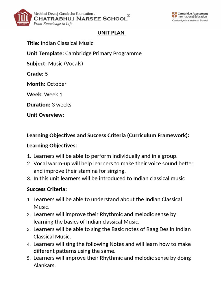 Indian Classical Music Unit Plan | PDF