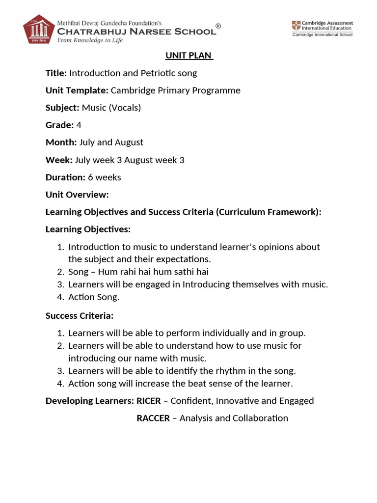 VOCALS - UNIT PLAN - GRADE 4 - JULY AUGUST 2024 | PDF