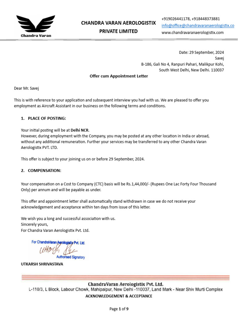 Appointment Offer for Aircraft Assistant | PDF | Indemnity | Legal Remedy