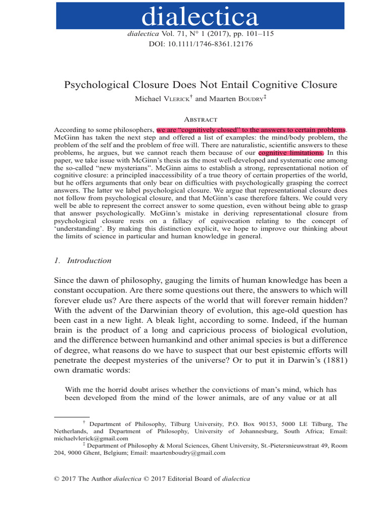 Psychological Closure Does Not Entail Cognitive Closure | PDF | Mind ...