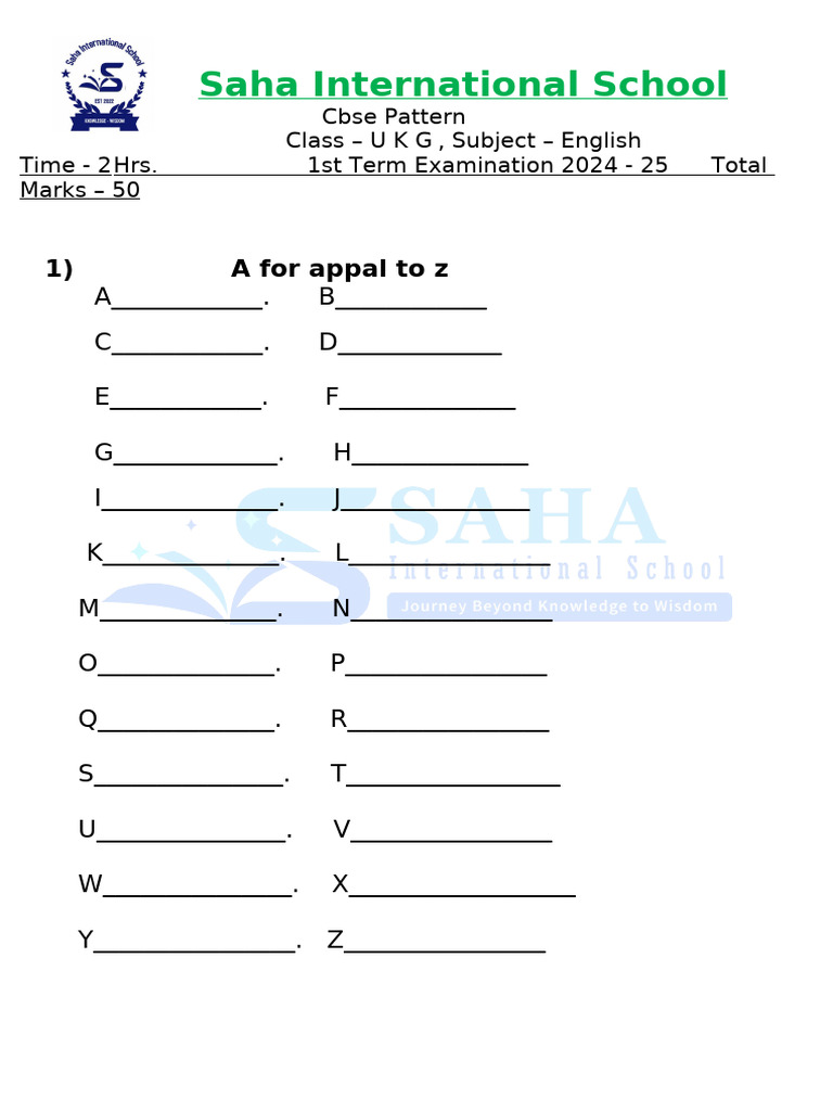 Class - UKG English 1st Term Exam 2024 - 25 | PDF