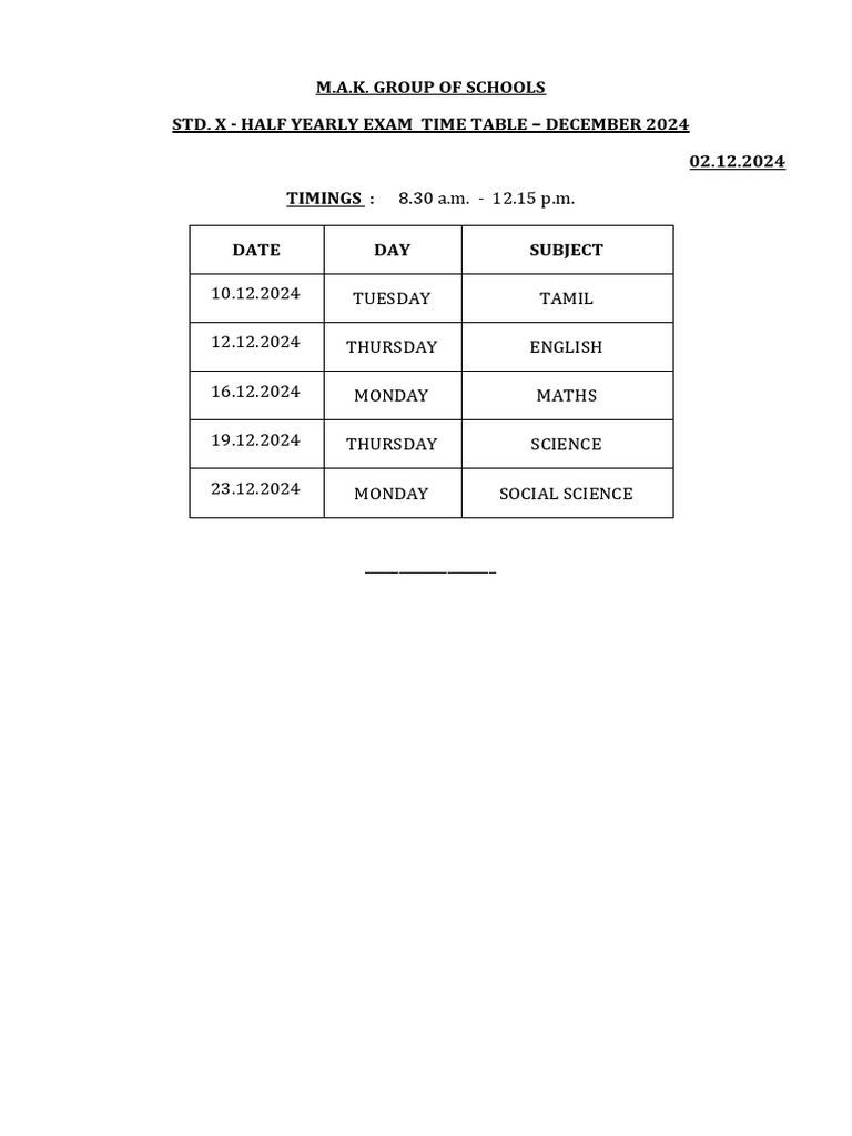 M.A.K. Schools Std. X Exam Timetable 2024 | PDF