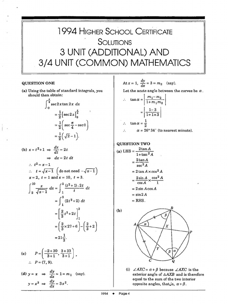 Maths 3U 1994 MANSW Solutions | PDF | Triangle | Angle