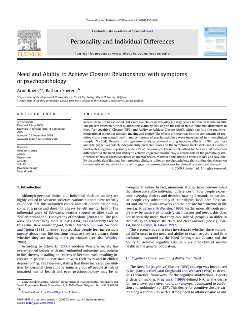 Need and Ability to Achieve Closure- Relationships with symptoms of ...