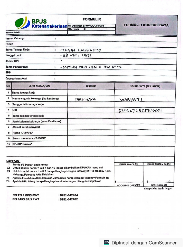 FORMULIR KOREKSI BPJS BTPN | PDF