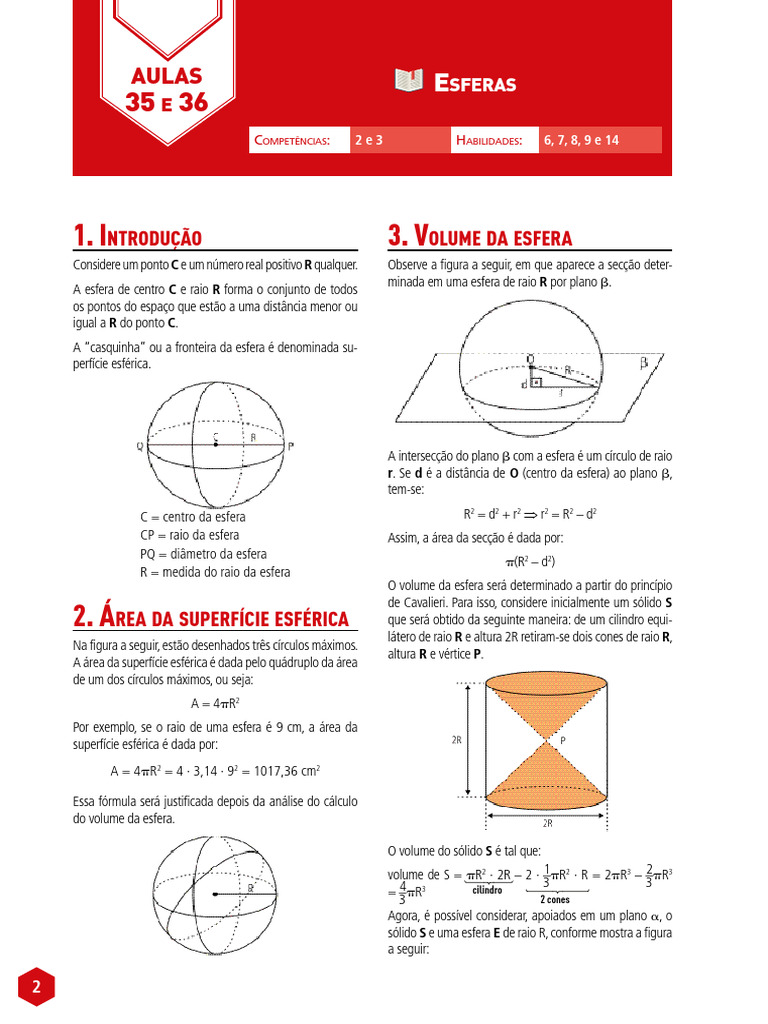 Cálculo de Volume e Área da Esfera | PDF | Esfera | Matemática elementar