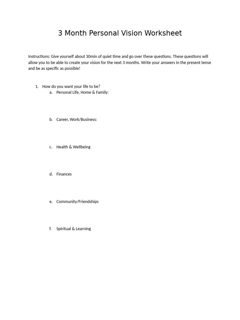 3-Month Personal Vision Worksheet | PDF